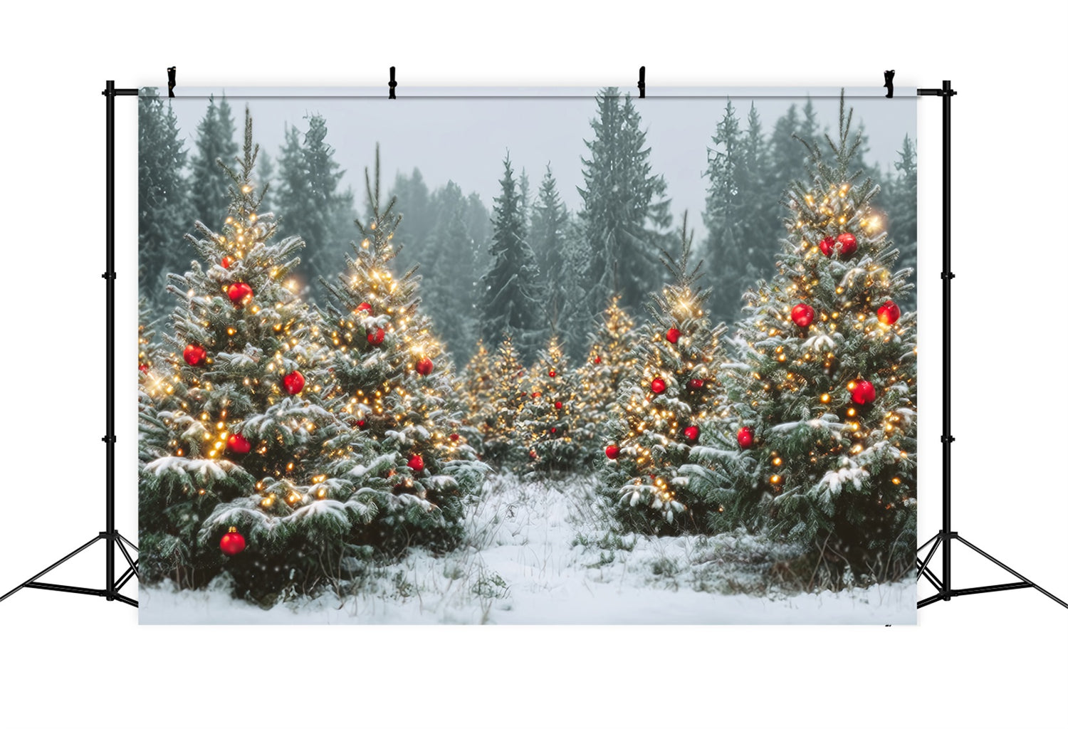 Christmas Forest Backdrop Snowy Trees Golden Ornaments Pine Forest Bac