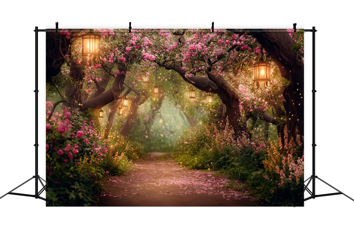 Night Forest Backdrop Blooming Lantern Flower Path Forest Photo Backdr
