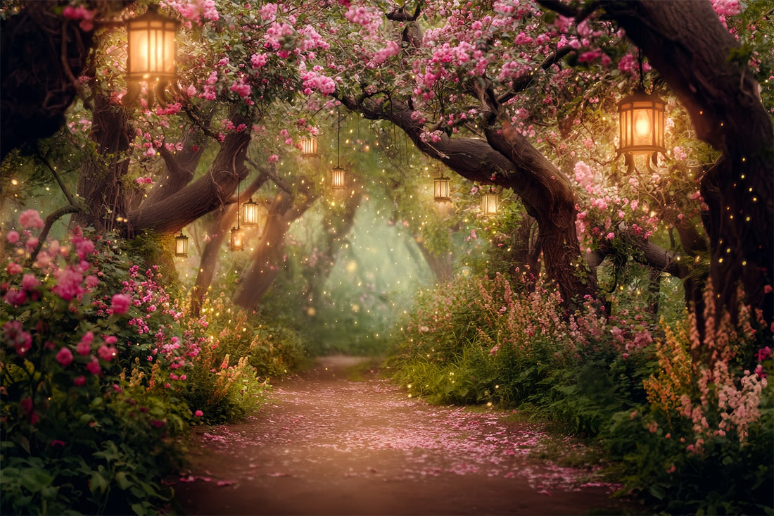 Night Forest Backdrop Blooming Lantern Flower Path Forest Photo Backdr