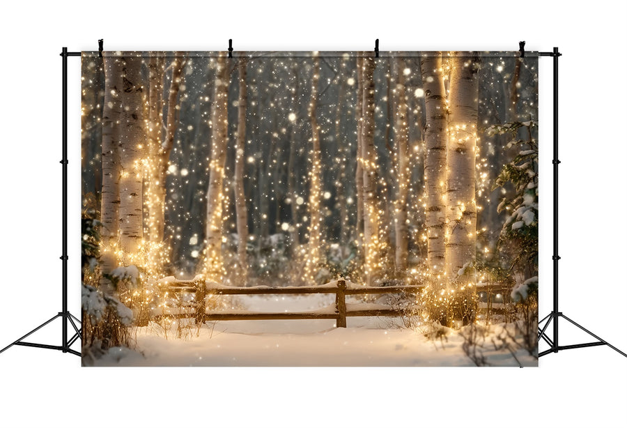 Night Forest Backdrop Snowy Birch Sparkling Lights Winter Forest Backd
