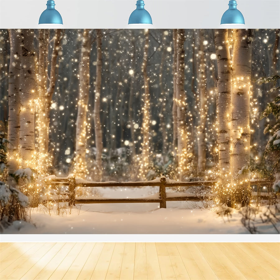 Night Forest Backdrop Snowy Birch Sparkling Lights Winter Forest Backd