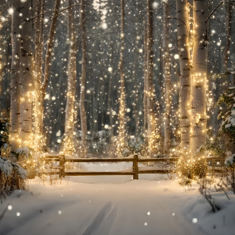 Night Forest Backdrop Snowy Birch Sparkling Lights Winter Forest Backd