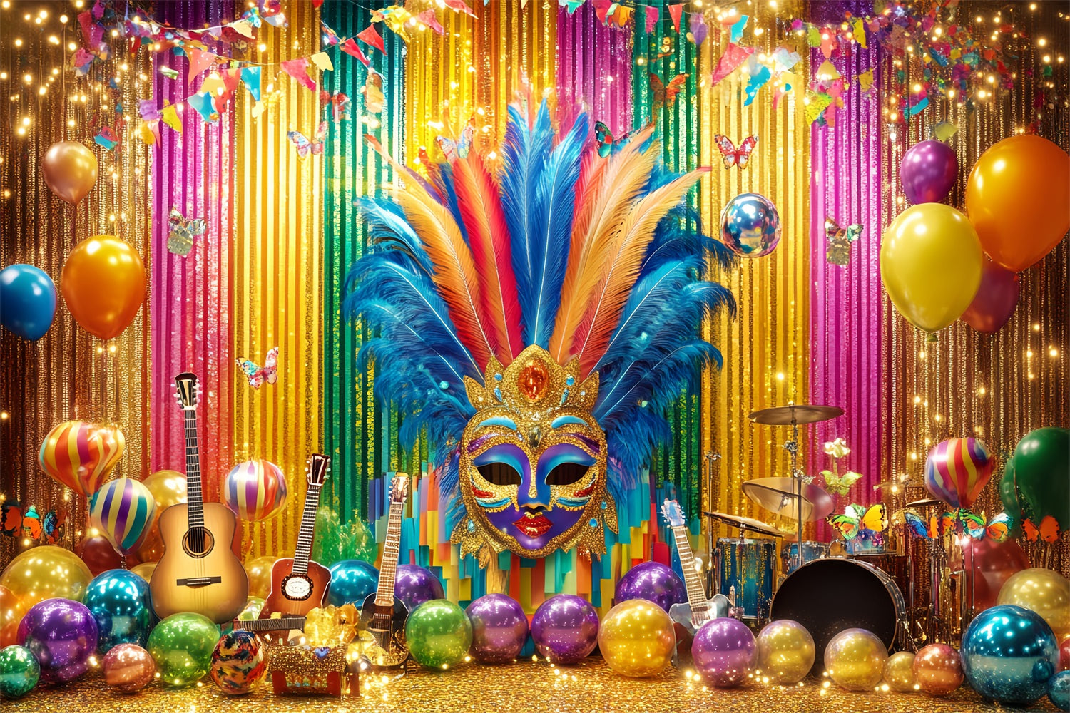 Mask Carnival Backdrop Colorful Feather Mask Party Stage Carnival Back