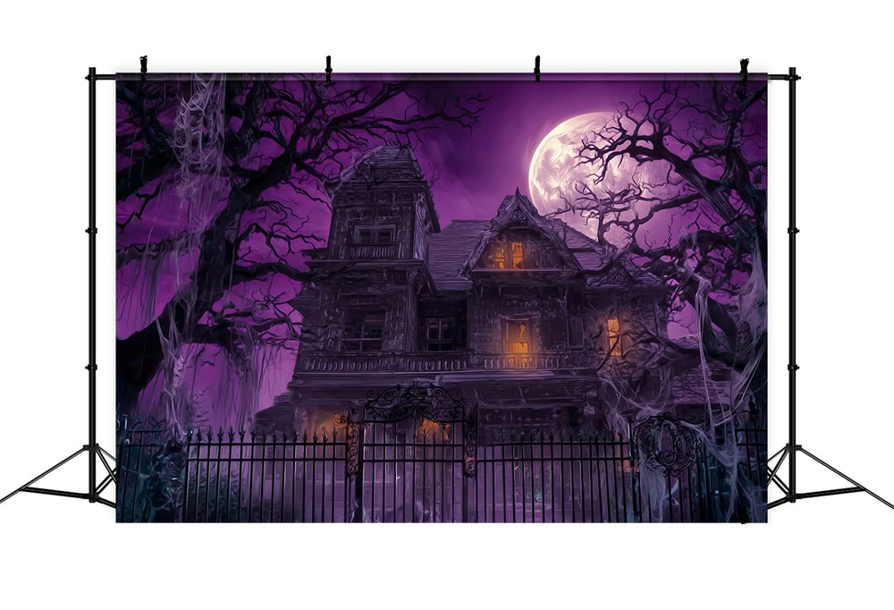 Halloween Haunted Mansion Backdrop Purple Sky Full Moon Scary Hallowee
