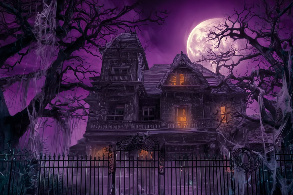 Halloween Haunted Mansion Backdrop Purple Sky Full Moon Scary Hallowee