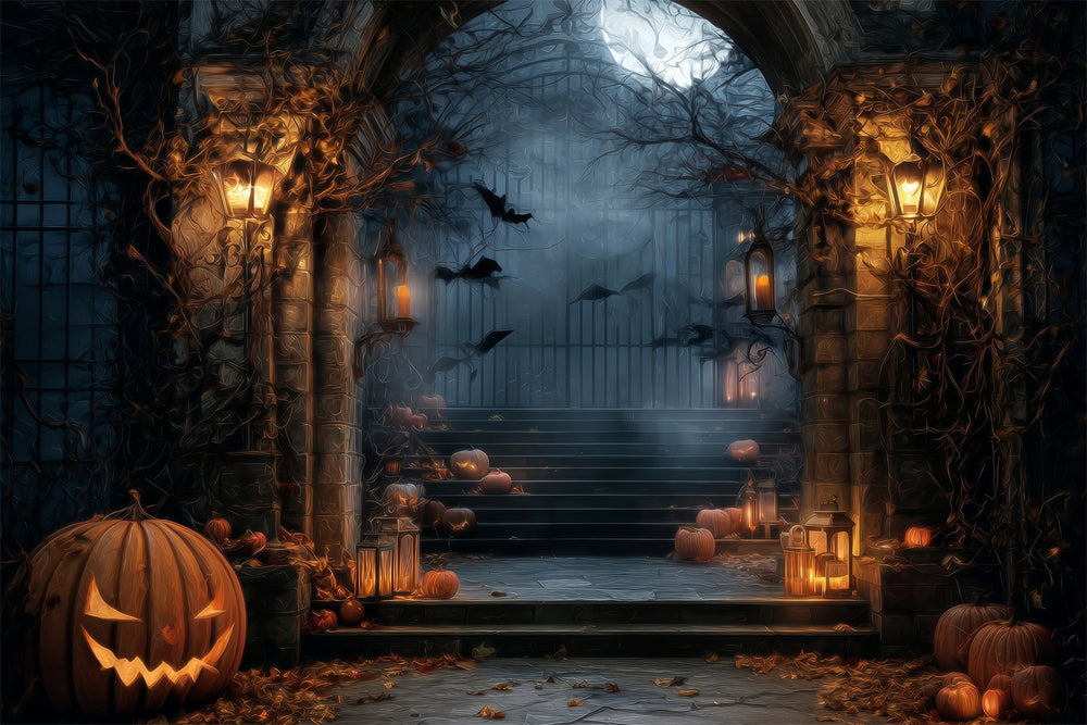 Halloween Haunted Forest Backdrop Spooky Gate Lantern Pumpkins Hallowe