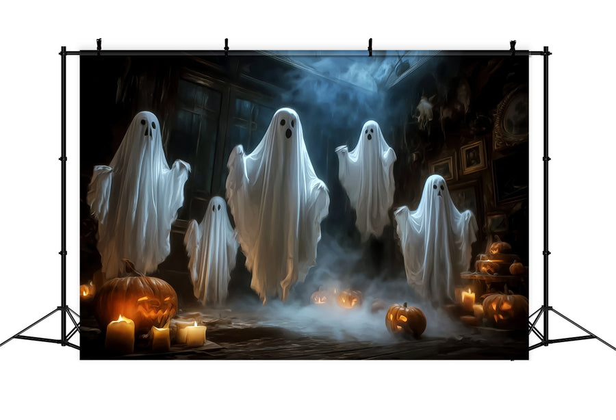 Halloween Ghost Backdrop Floating Ghosts Candle Pumpkins Spooky Hallow