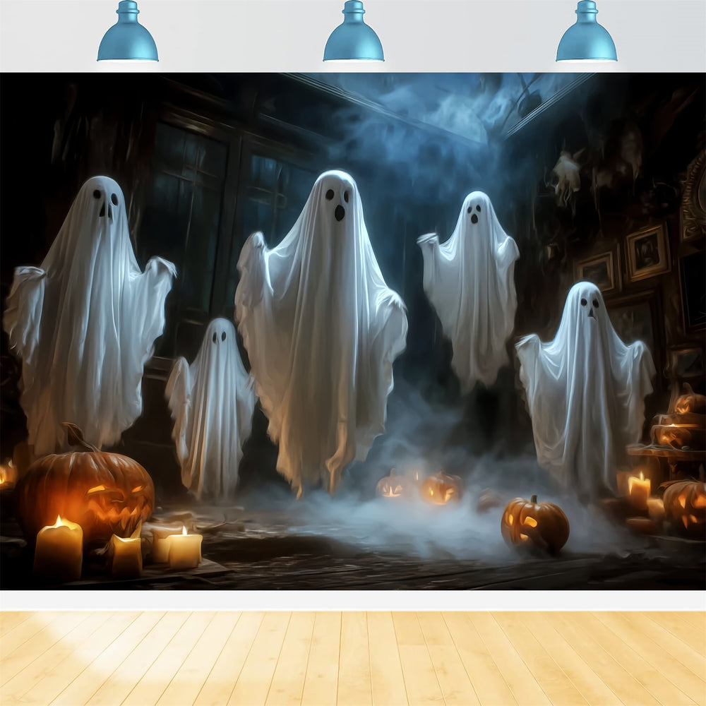 Halloween Ghost Backdrop Floating Ghosts Candle Pumpkins Spooky Hallow