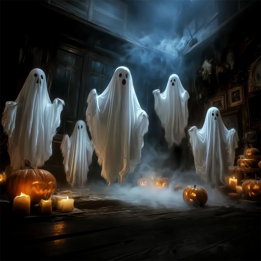 Halloween Ghost Backdrop Floating Ghosts Candle Pumpkins Spooky Hallow