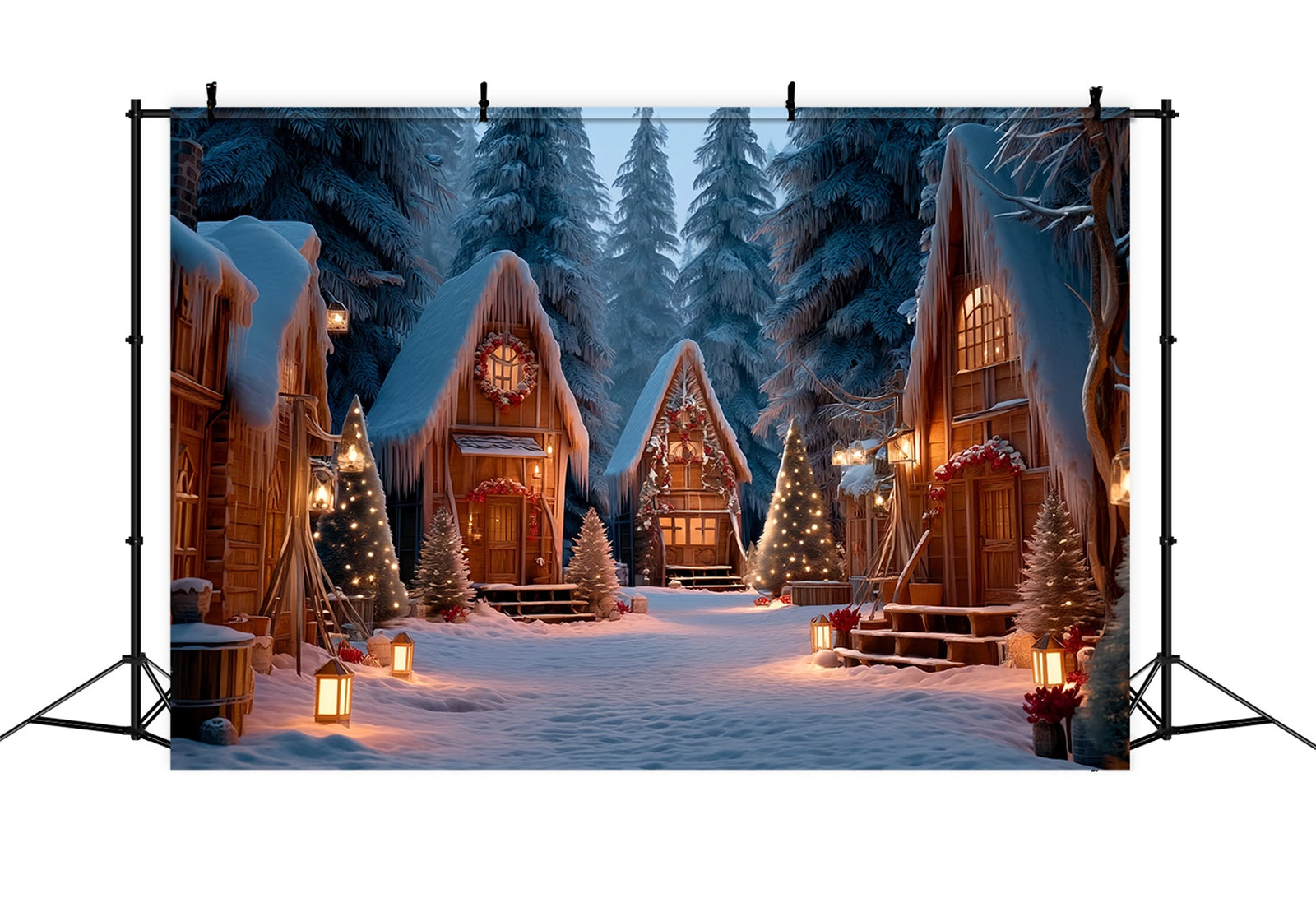 Christmas Country Backdrop Snowy Cabin Winter Village Christmas Backdr