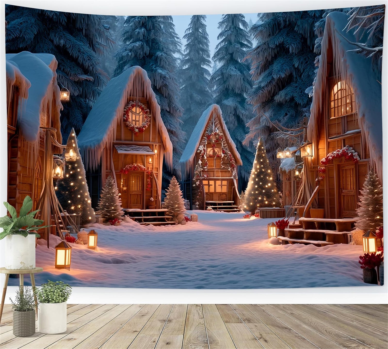 Christmas Country Backdrop Snowy Cabin Winter Village Christmas Backdr