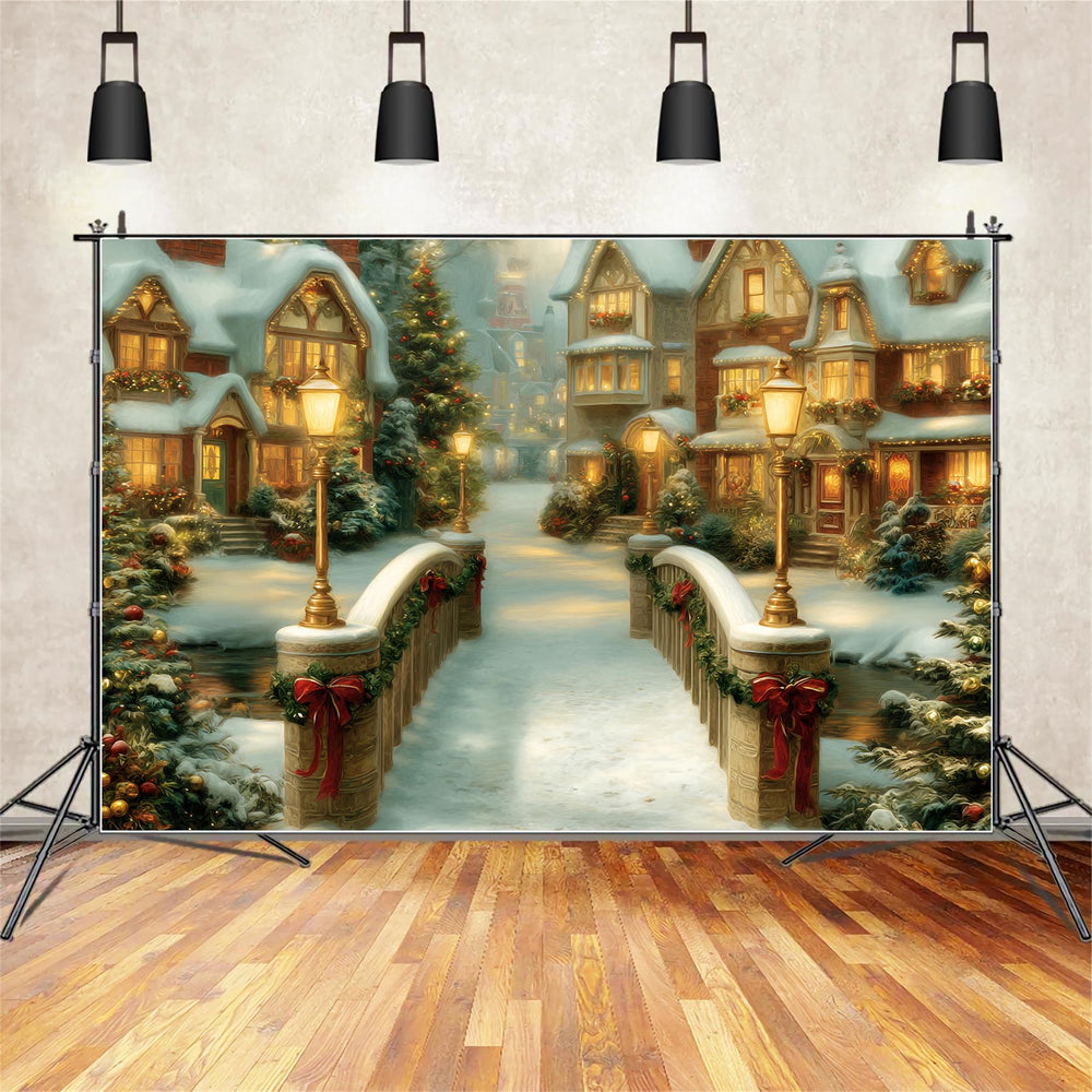 Christmas Village Backdrop Golden Bridge Holiday Houses Christmas Back