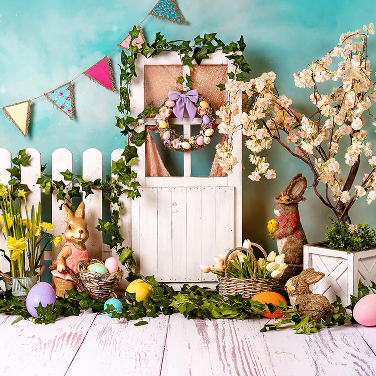 Easter Bunny Eggs Colorful Flowers Backdrop D1053 – Dbackdrop
