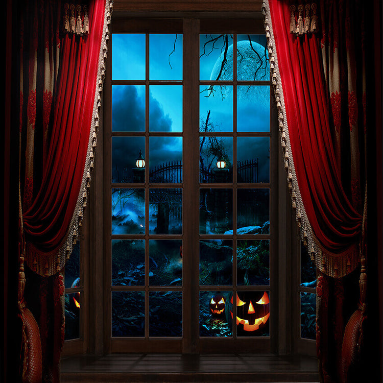 Halloween Backdrop Night Window Red Curtain for Photography D883 ...