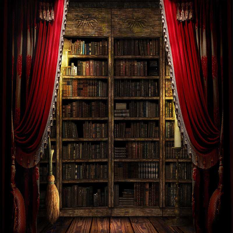 Halloween Vintage Bookshelf Witch Broom Photography Backdrop D884
