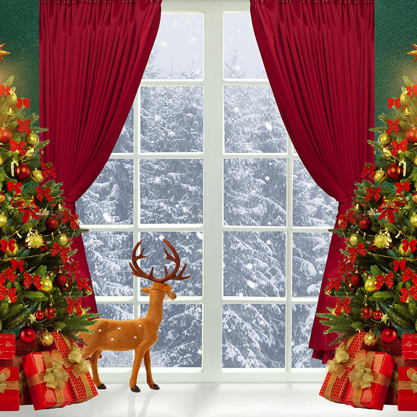 Christmas Tree White Window Red Curtain Backdrop D918 – Dbackdrop