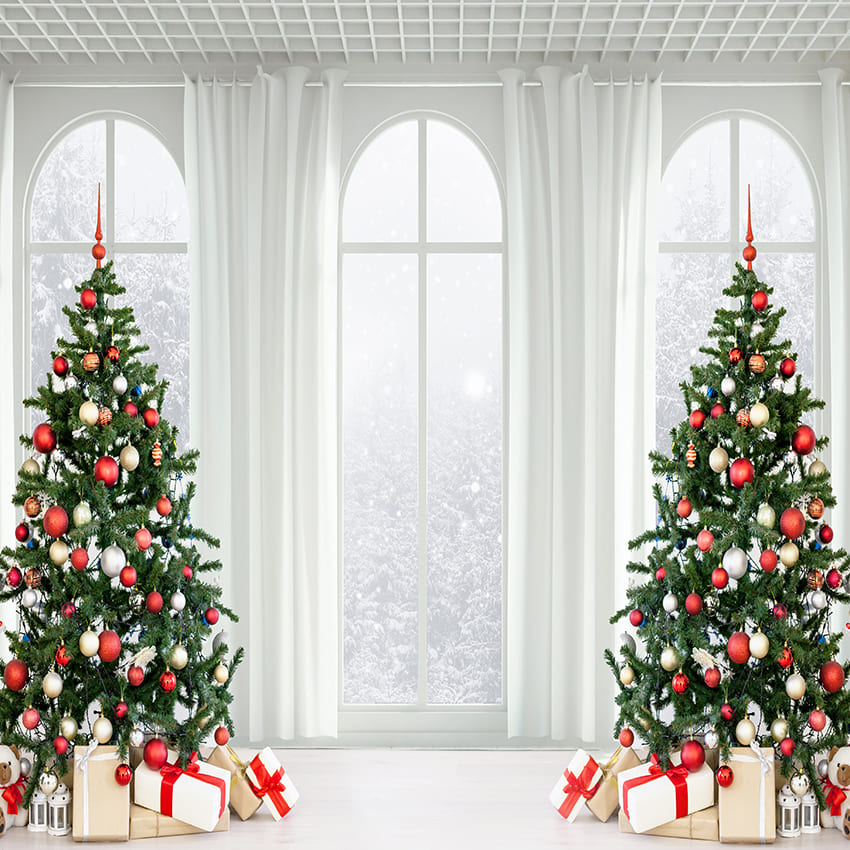 Christmas Tree Gift Box Window Snow Backdrop D976 – Dbackdrop