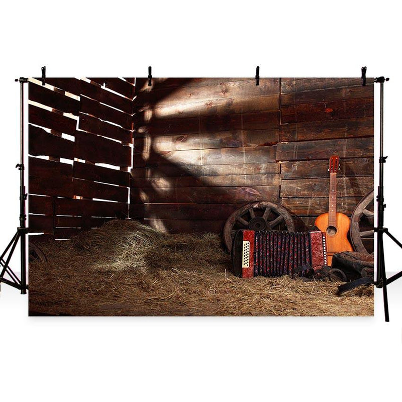 Old Barn Backdrop Western Cowboy Vintage Wheel Guitar Wood Plank Straw