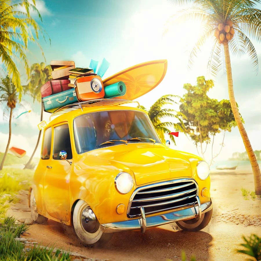 Beach Yellow Car Summer Holiday Photography Backdrop GA-76 – Dbackdrop