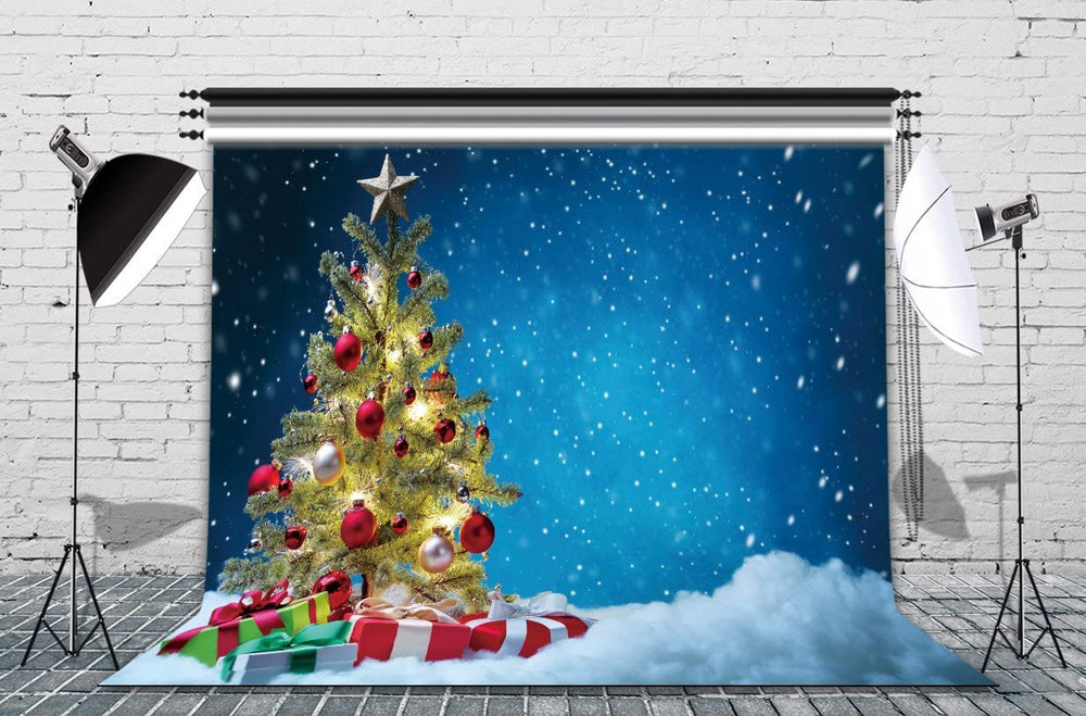 Christmas Tree Blue Background Snow Photography Backdrop KAT-186