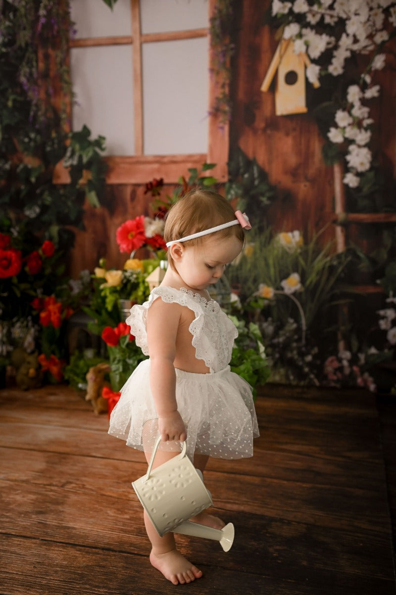 Spring White Flowers Wooden House Photo Backdrop GC-201 – Dbackdrop